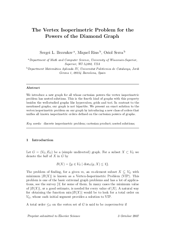 (PDF) The vertex isoperimetric problem for the powers of the diamond graph