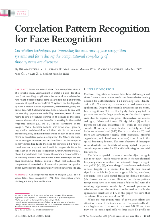 Pdf Correlation Pattern Recognition For Face Recognition