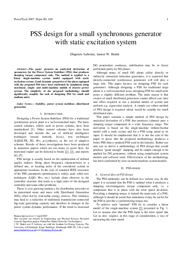 Pdf Pss Design For A Small Synchronous Generator With Static Excitation System