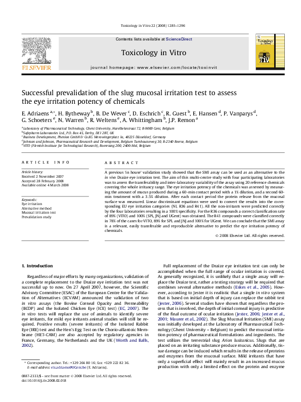 (PDF) Successful prevalidation of the slug mucosal irritation test to ...