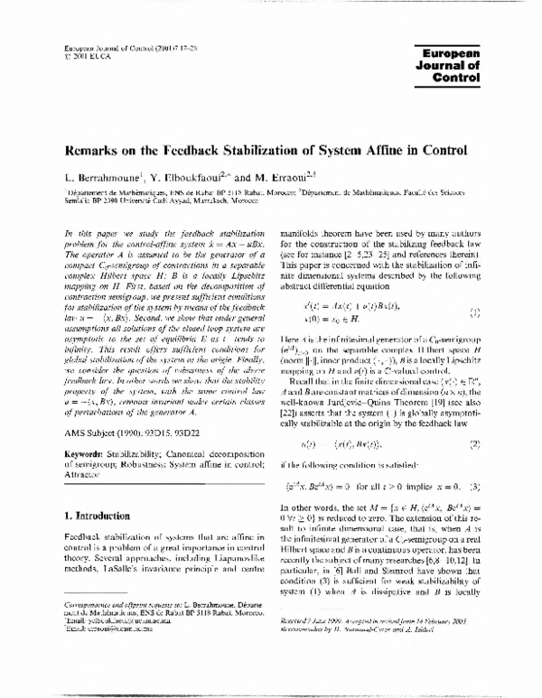 (PDF) Remarks on the Feedback Stabilization of System Affine in Control