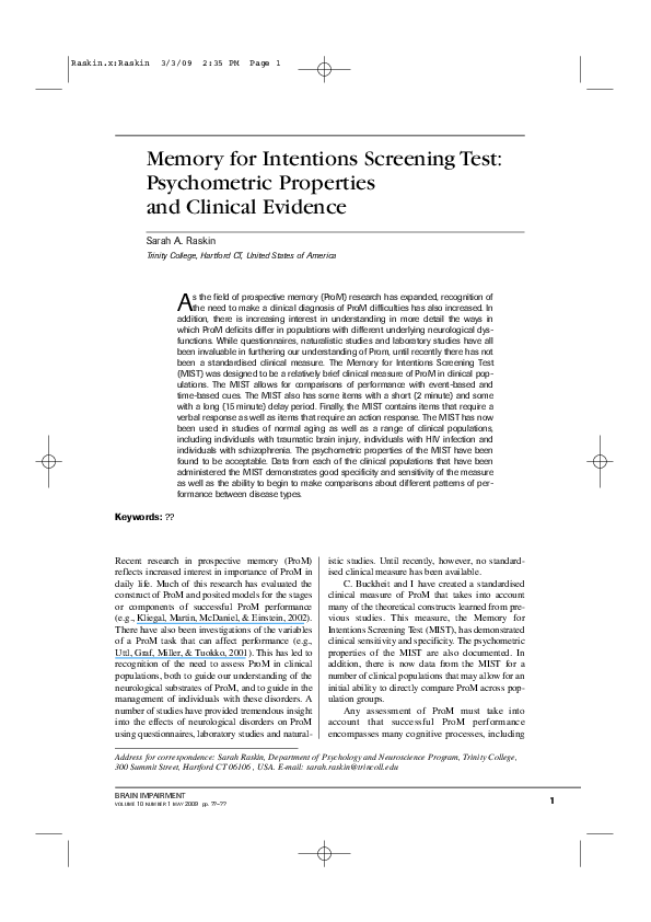 (PDF) Memory for Intentions Screening Test: Psychometric Properties and ...
