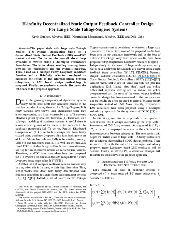 Pdf H Infinity Decentralized Static Output Feedback Controller Design For Large Scale Takagi