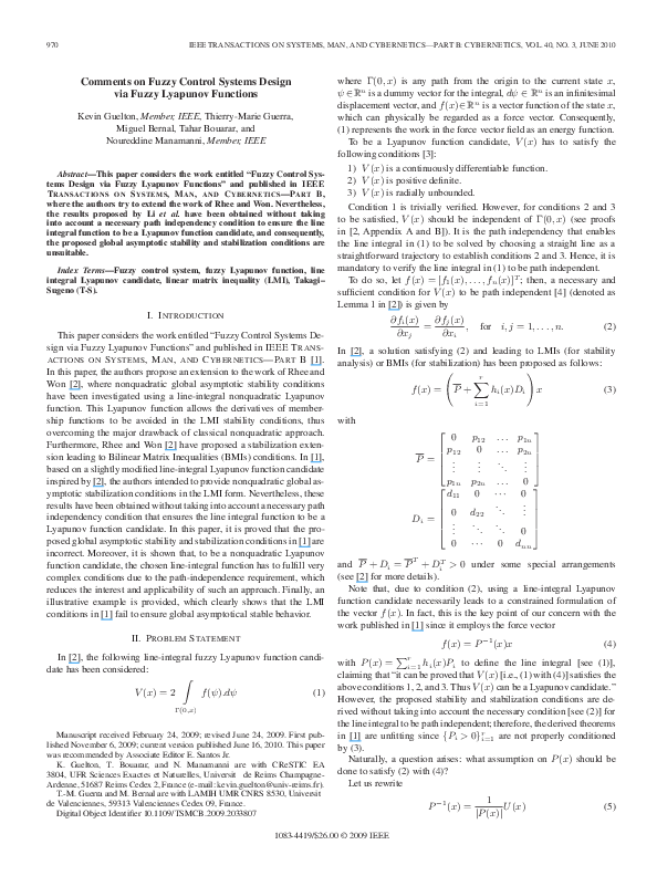 (PDF) Comments on Fuzzy Control Systems Design via Fuzzy Lyapunov Functions
