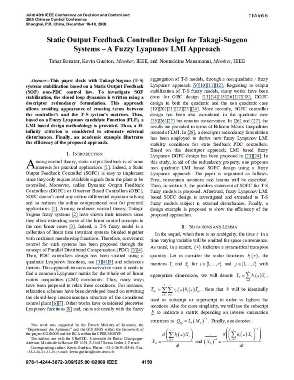 Pdf Static Output Feedback Controller Design For Takagi Sugeno Systems A Fuzzy Lyapunov Lmi