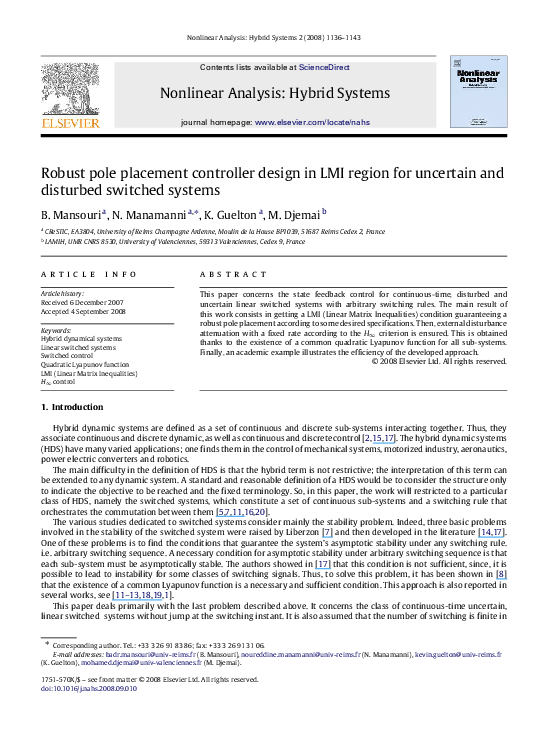 (PDF) Robust pole placement controller design in LMI region for uncertain and disturbed switched ...