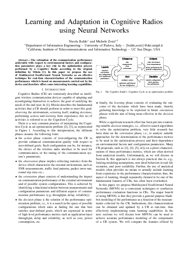 (PDF) Learning and Adaptation in Cognitive Radios Using Neural Networks