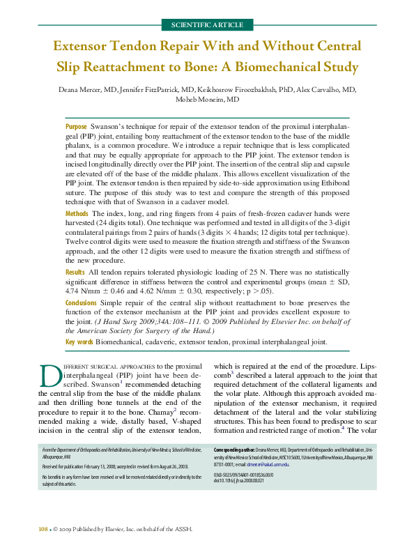 (PDF) Extensor Tendon Repair With and Without Central Slip Reattachment ...