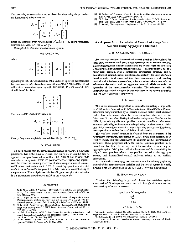 Pdf An Approach To Decentralized Control Of Large Scale Systems Using Aggregation Methods
