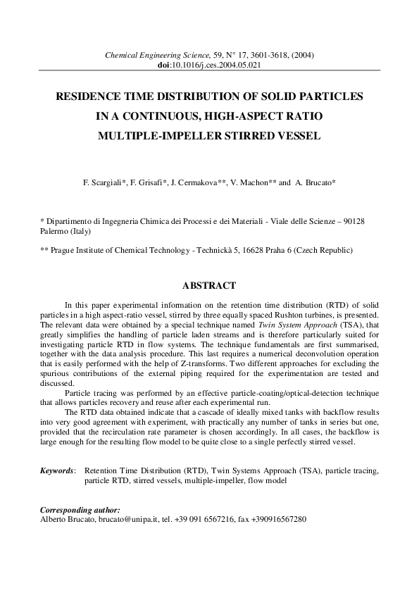 (PDF) RESIDENCE TIME DISTRIBUTION OF SOLID PARTICLES IN STIRRED VESSELS