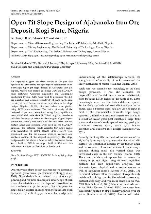 (PDF) Open Pit Slope Design of Ajabanoko Iron Ore Deposit, Kogi State ...