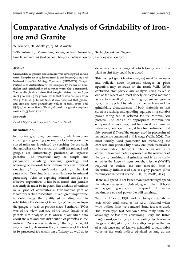 (PDF) Comparative Analysis of Grindability of Iron-ore and Granite