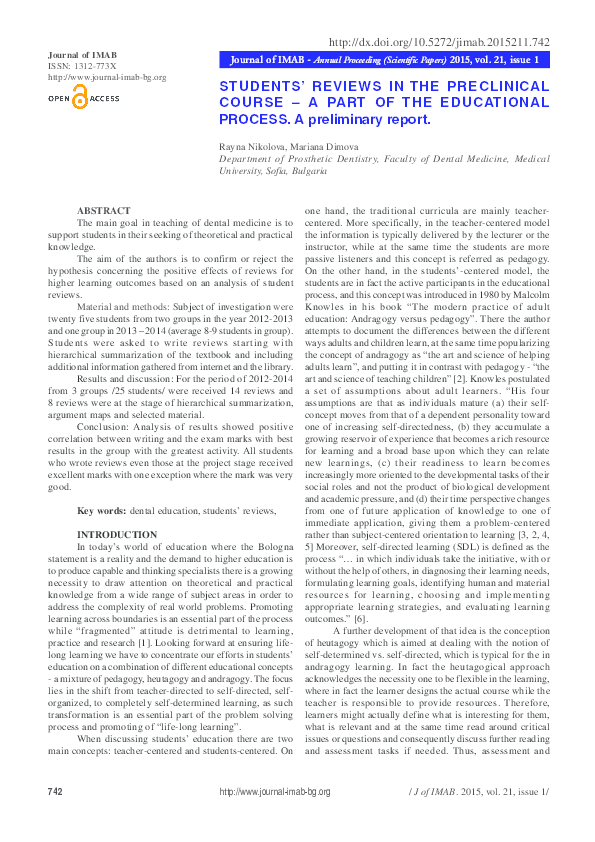 (PDF) STUDENTS’ REVIEWS IN THE PRECLINICAL COURSE – A PART OF THE ...