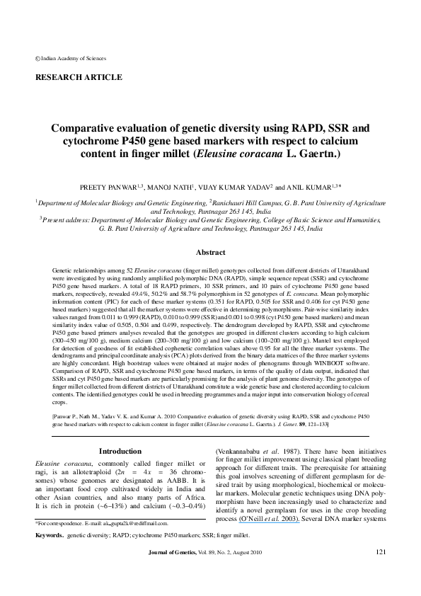 (PDF) Comparative evaluation of genetic diversity using RAPD, SSR and cytochrome P450 gene based ...