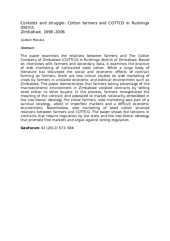 (DOC) Contests and struggle: Cotton farmers and COTTCO in Rushinga ...