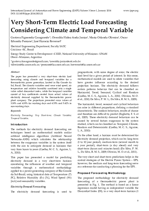 (PDF) Very Short-Term Electric Load Forecasting Considering Climate and Temporal Variable