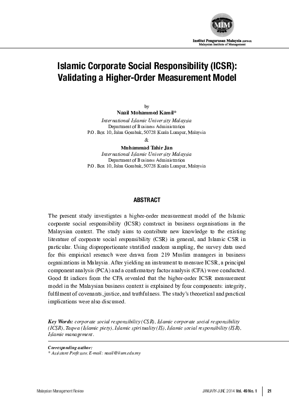 (PDF) Islamic Corporate Social Responsibility (ICSR): Validating a Higher-Order Measurement Model