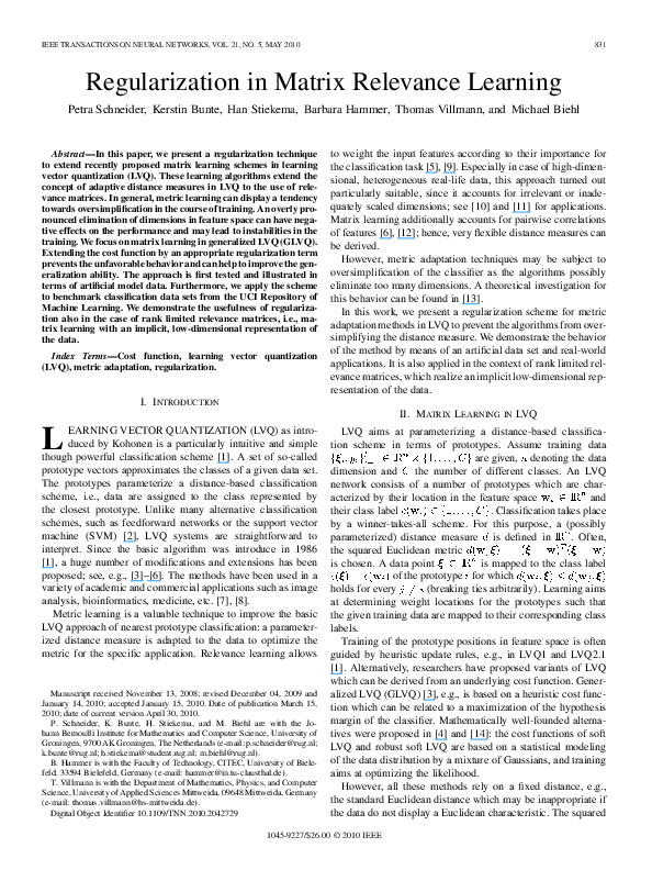 (PDF) Regularization in matrix relevance learning