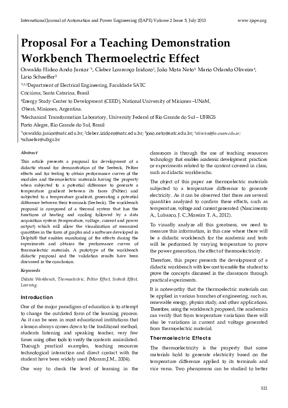 (PDF) Proposal For a Teaching Demonstration Workbench Thermoelectric Effect
