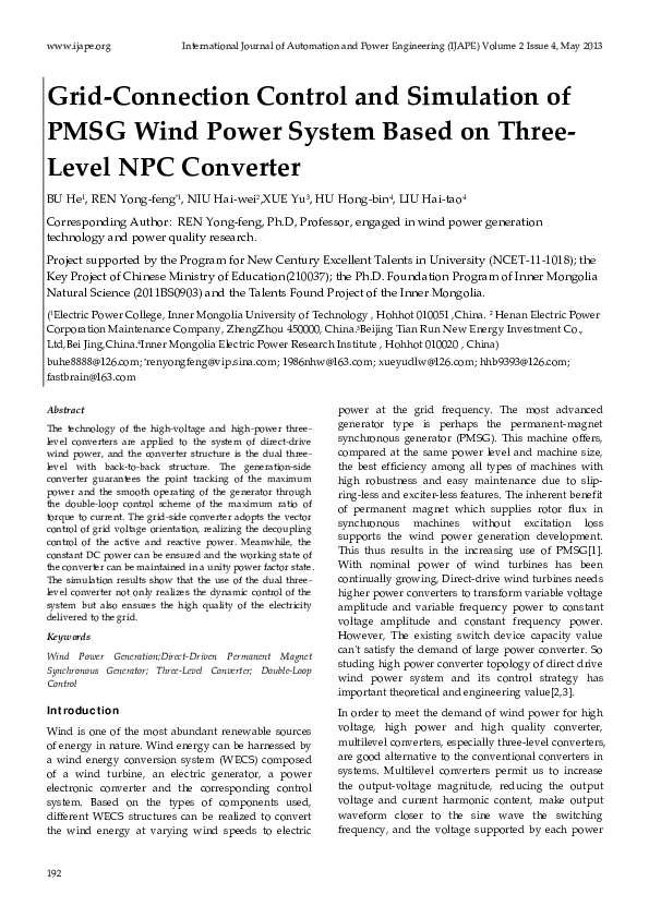 Pdf Grid Connection Control And Simulation Of Pmsg Wind Power System Based On Three Level Npc