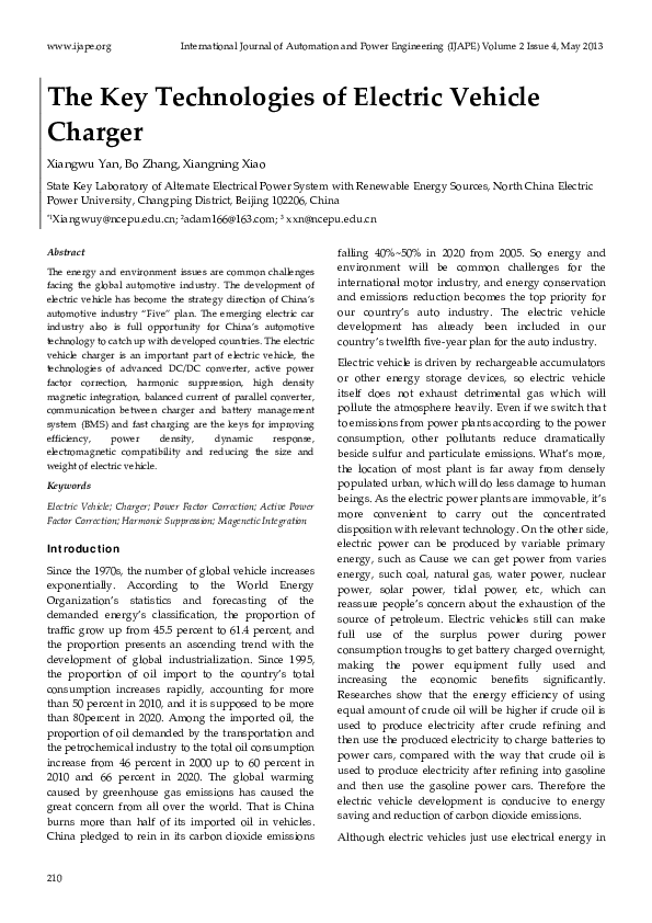 (PDF) The Key Technologies of Electric Vehicle Charger