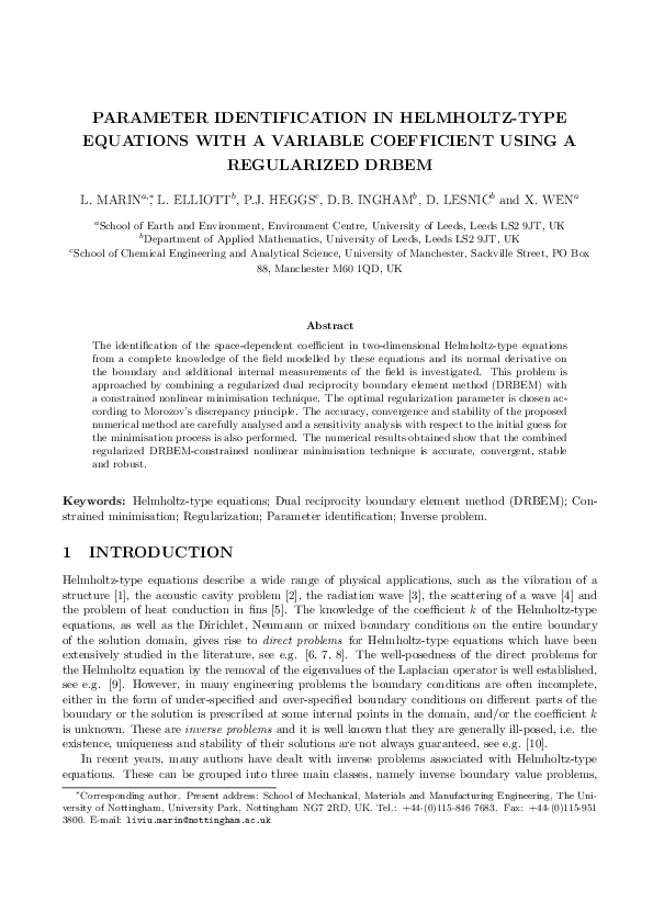 Pdf Parameter Identification In Helmholtz Type Equations With A Variable Coefficient Using A