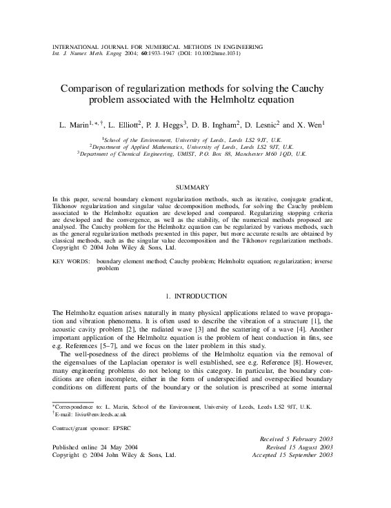 (PDF) Comparison of regularization methods for solving the Cauchy problem associated with the ...