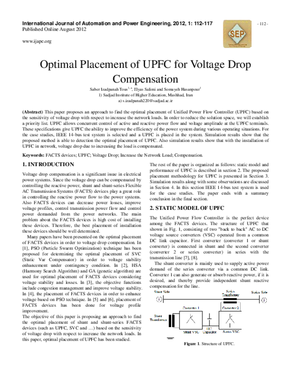 (PDF) Optimal Placement of UPFC for Voltage Drop Compensation