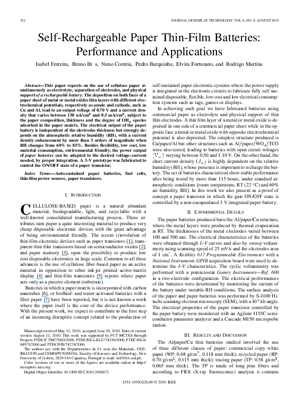(PDF) Self-Rechargeable Paper Thin-Film Batteries: Performance and ...