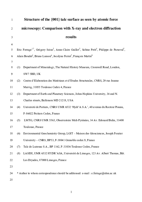 (PDF) Structure of the {001} talc surface as seen by atomic force ...