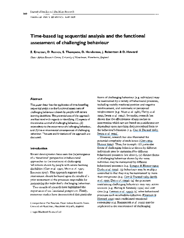 (PDF) Time-based lag sequential analysis and the functional assessment of challenging behavior