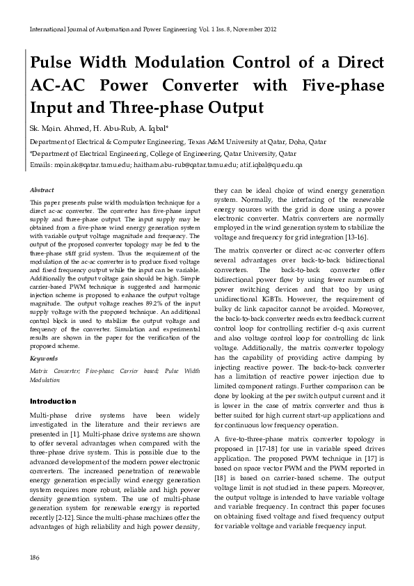 (PDF) Pulse Width Modulation Control of a Direct AC-AC Power Converter with Five-phase Input and ...
