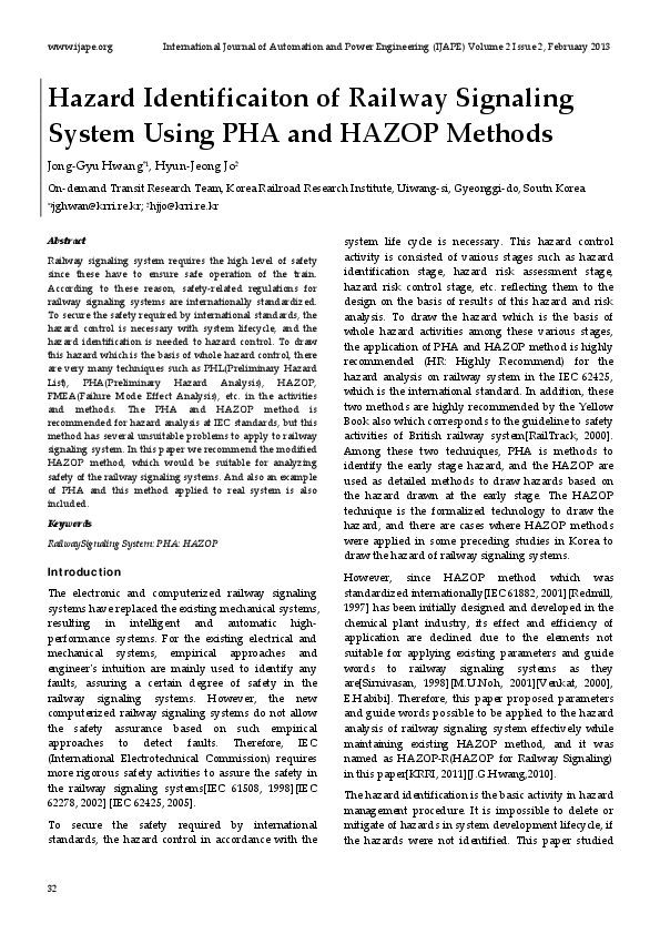 (PDF) Hazard Identification of Railway Signaling System Using PHA and HAZOP Methods