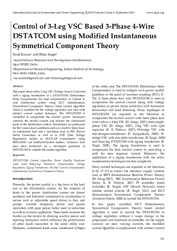 (PDF) Control of 3-Leg VSC Based 3-Phase 4-Wire DSTATCOM using Modified Instantaneous ...