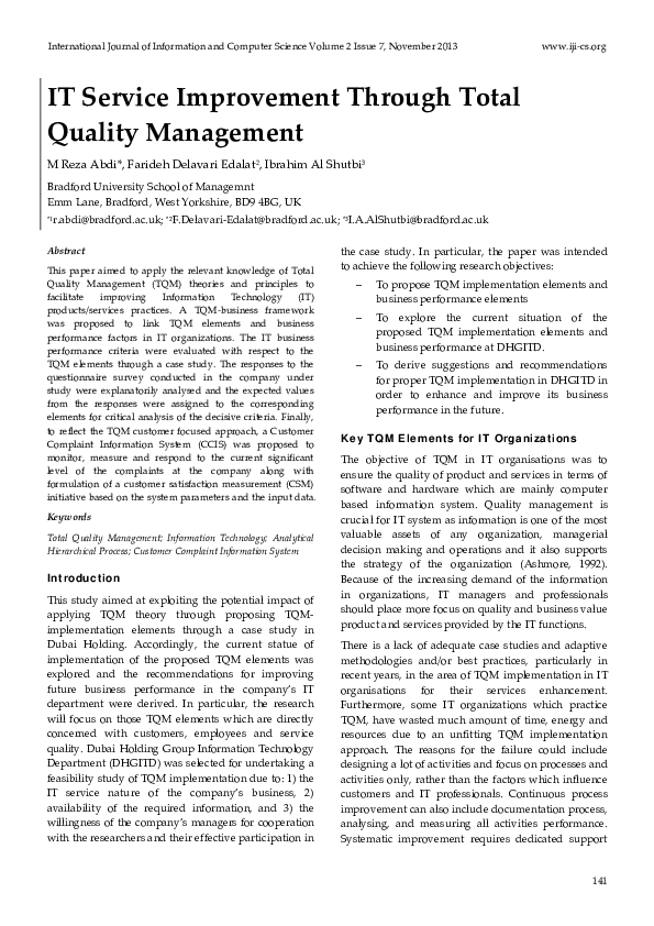 (PDF) IT Service Improvement Through Total Quality Management