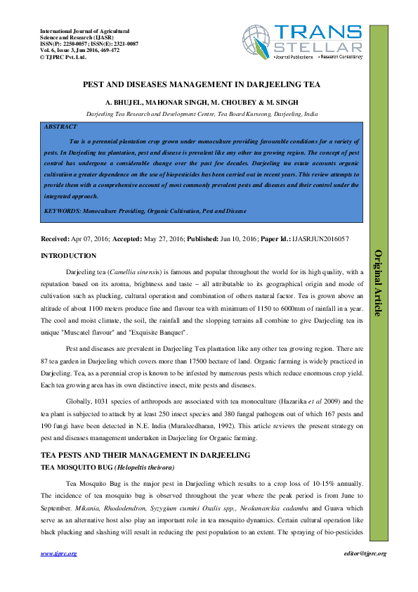 (PDF) PEST AND DISEASES MANAGEMENT IN DARJEELING TEA