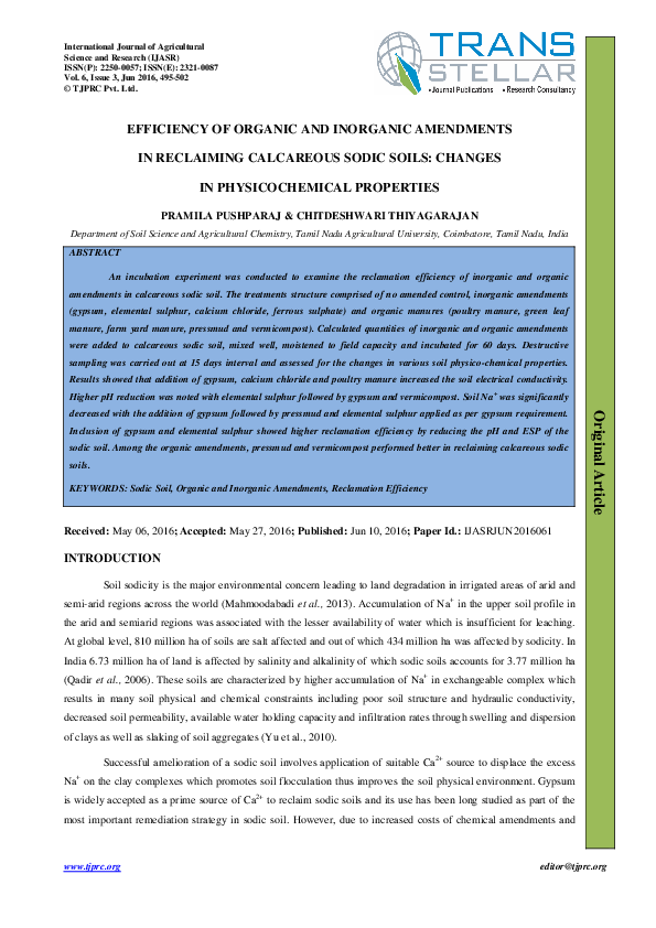 (PDF) EFFICIENCY OF ORGANIC AND INORGANIC AMENDMENTS IN RECLAIMING CALCAREOUS SODIC SOILS ...