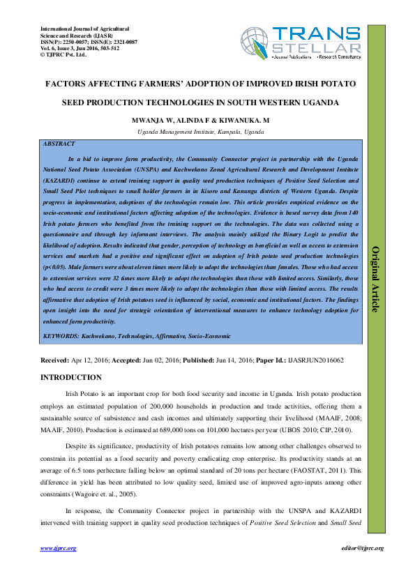 (PDF) FACTORS AFFECTING FARMERS' ADOPTION OF IMPROVED IRISH POTATO SEED PRODUCTION TECHNOLOGIES ...