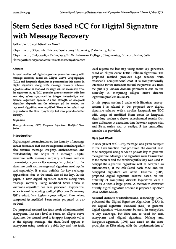(PDF) Stern Series Based ECC for Digital Signature with Message Recovery
