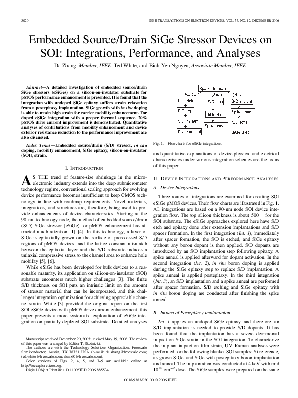 Pdf Embedded Sourcedrain Sige Stressor Devices On Soi Integrations Performance And Analyses