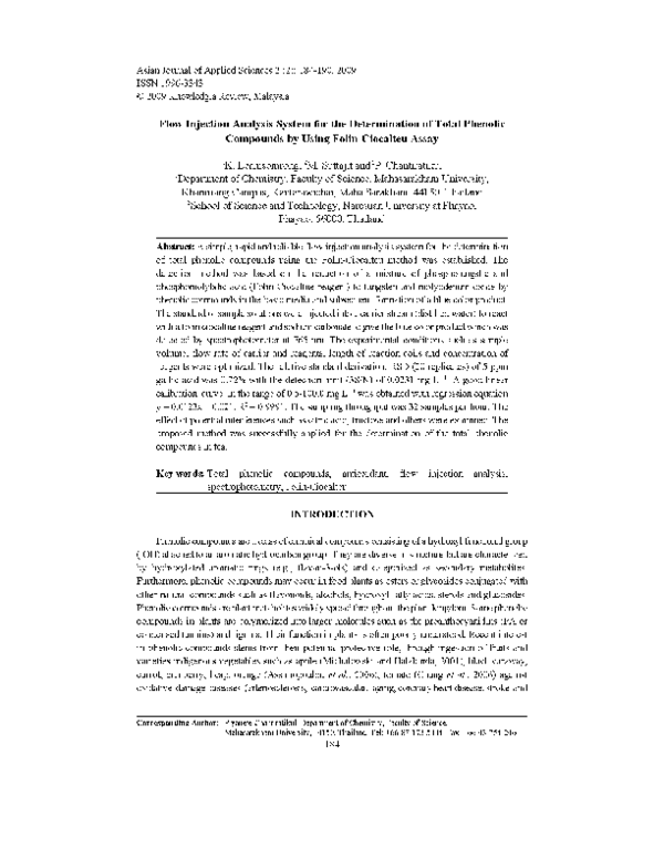Pdf Flow Injection Analysis System For The Determination Of Total Phenolic Compounds By Using