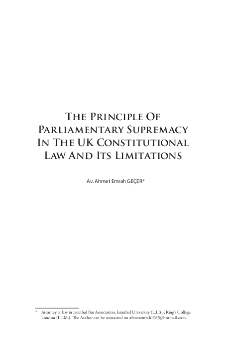 (PDF) The Principle of Parliamentary Supremacy in the UK Constitutional ...