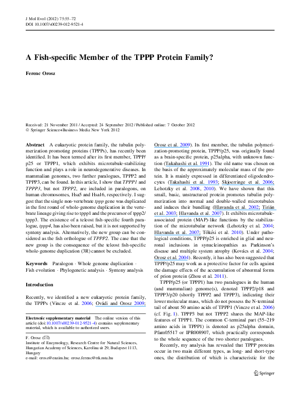 (PDF) A Fish-specific Member of the TPPP Protein Family? | Ferenc Orosz ...