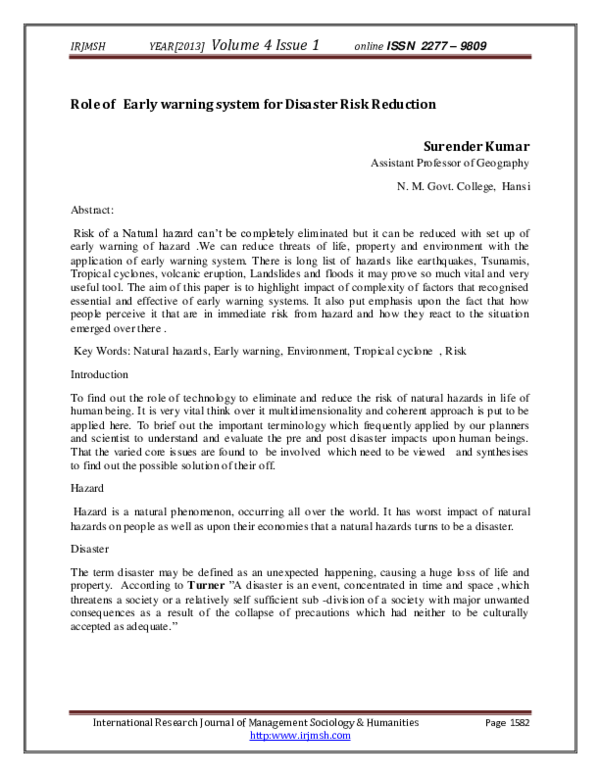 (PDF) Role of Early warning system for Disaster Risk Reduction