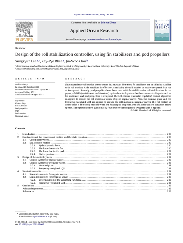 (PDF) Design of the roll stabilization controller, using fin ...