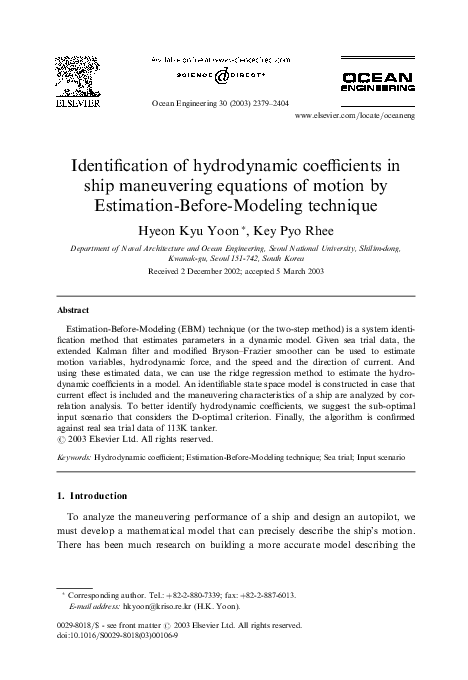 (PDF) Identification of hydrodynamic coefficients in ship maneuvering equations of motion by ...