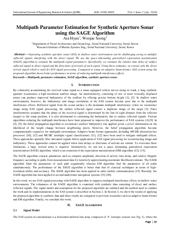 Pdf Multipath Parameter Estimation For Synthetic Aperture Sonar Using The Sage Algorithm