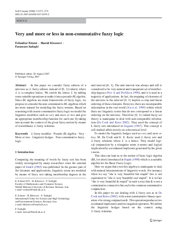 Pdf Very And More Or Less In Non Commutative Fuzzy Logic