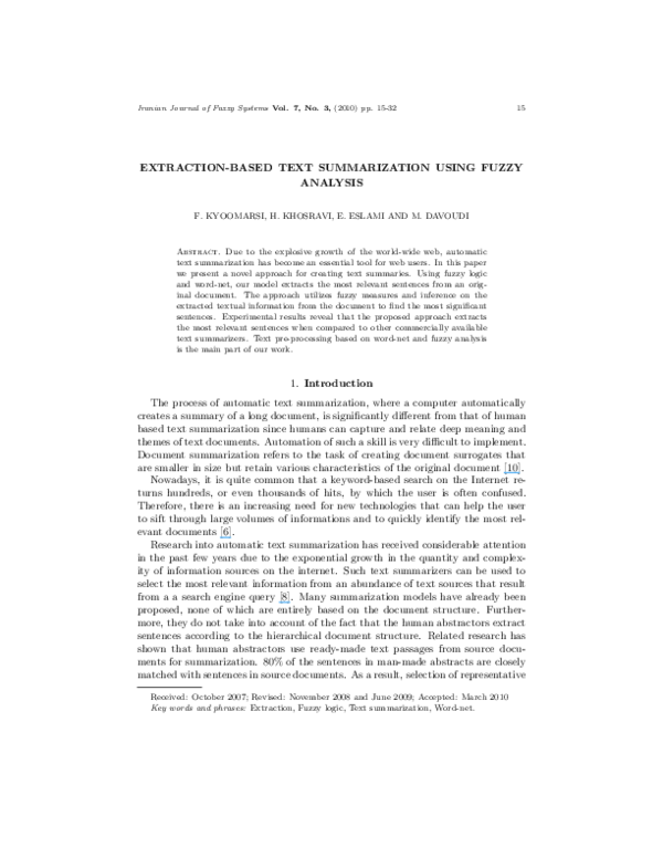 Pdf Optimizing Text Summarization Based On Fuzzy Logic
