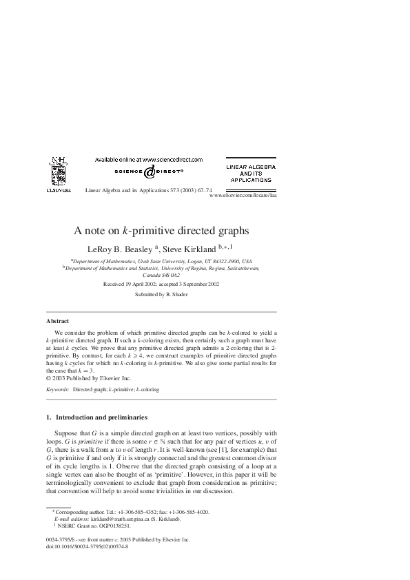 (PDF) A note on k-primitive directed graphs